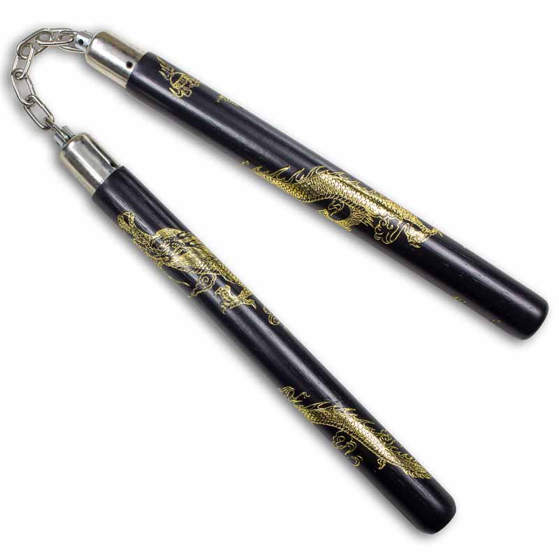 Gold Dragon Rattan Nunchaku - Painted Rattan Nunchucks - Rattan Wood Chucks