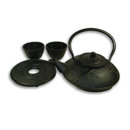 Ornate Iron Tea Set - Metal Bamboo Tea Pot - Cast Iron Teacups