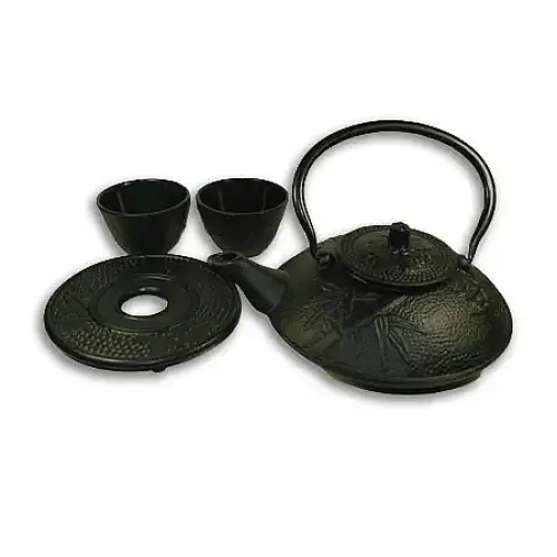 Ornate Iron Tea Set - Metal Bamboo Tea Pot - Cast Iron Teacups